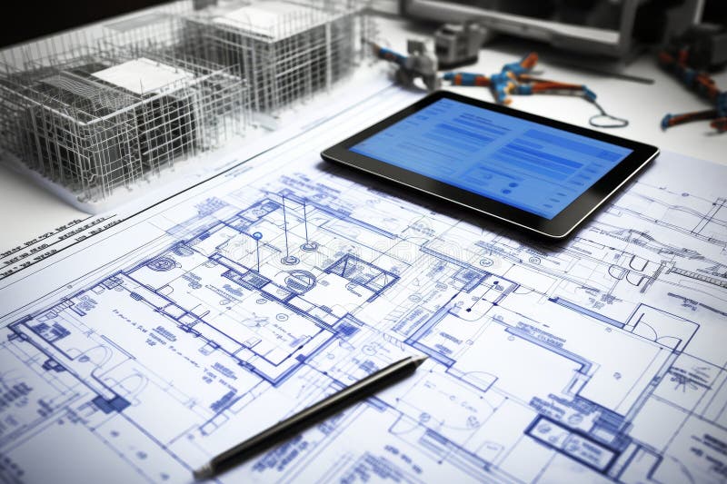 Overhead View of Construction Project with Gantt Chart, Tablet, and ...