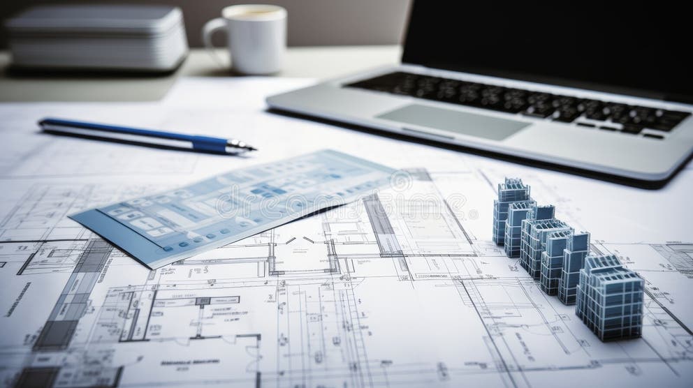 Overhead View of Construction Project Plan with Gantt Chart and Modern ...