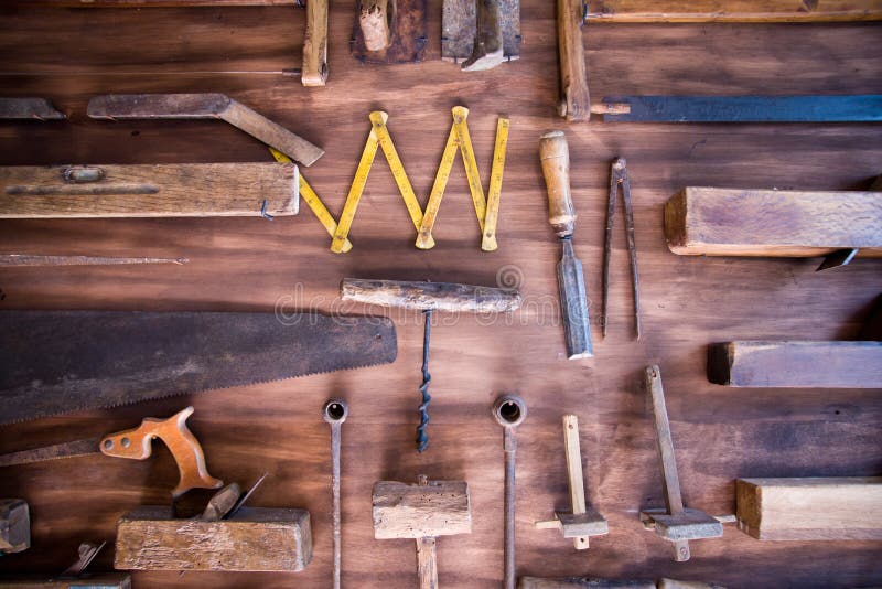 Overhead View of Construction Tools Organized on a Wooden Floor Stock ...