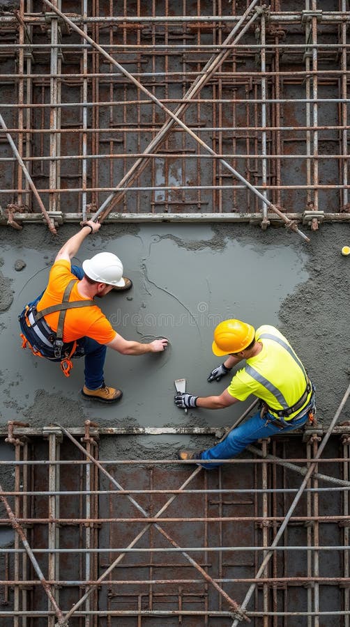 Overhead View of Construction Workers Leveling Freshly Poured Concrete ...