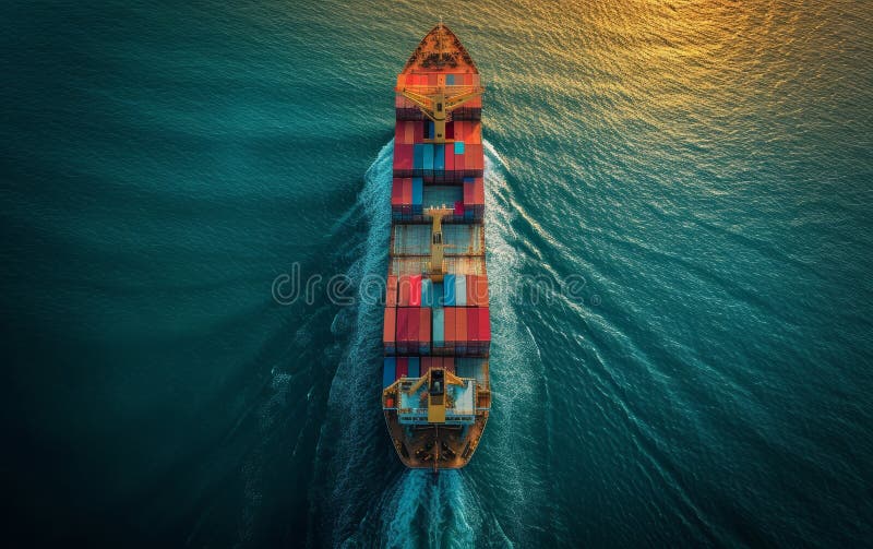 Overhead View of a Container Ship at Sunset, Reflecting the Golden ...