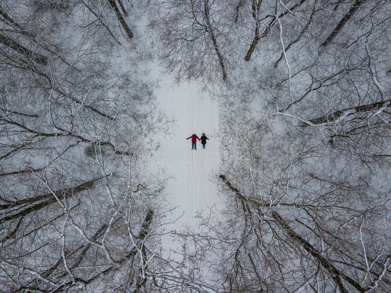 Overhead View Couple Laying on the Snow in Winter Forest Stock Image ...