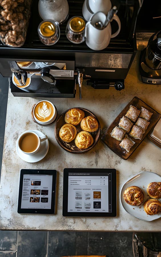 An Overhead View of a Cozy Cafe Setup Featuring Pastries, Coffee, and ...
