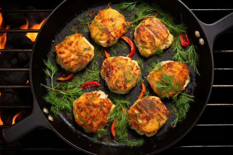 Overhead View of Crab Cakes Frying in a Hot Pan Stock Image - Image of ...