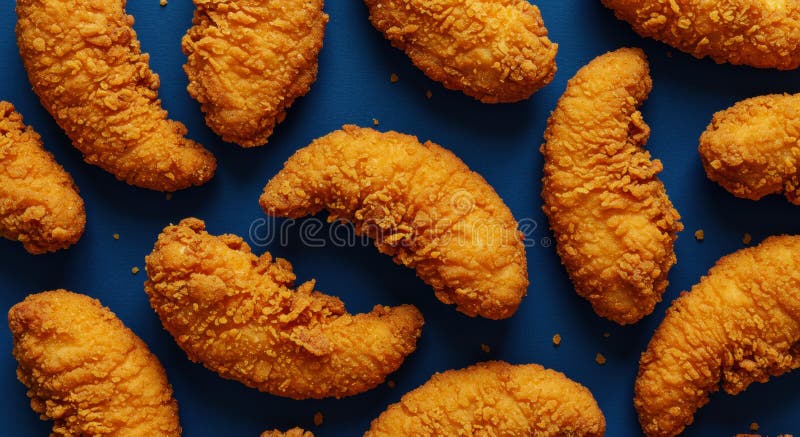 Overhead View of Crispy Fried Chicken Tenders on Blue Surface Stock ...