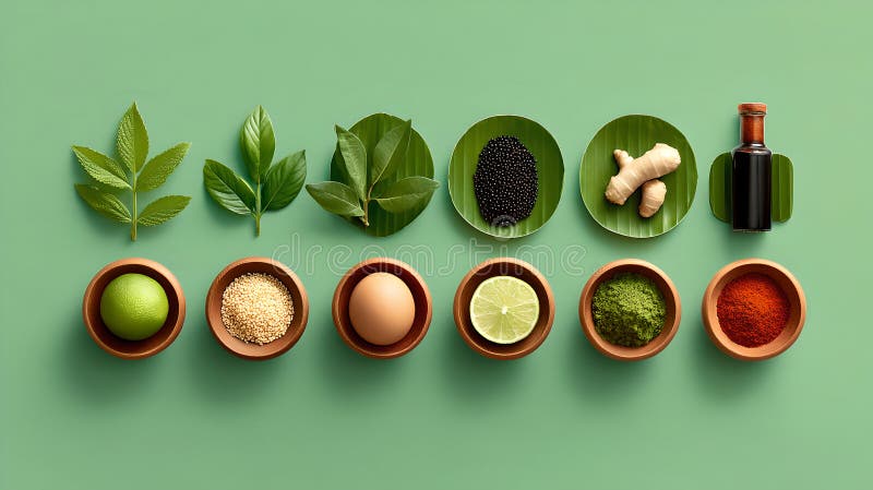 Overhead View of Culinary Ingredients Arranged on Mint Green Background ...