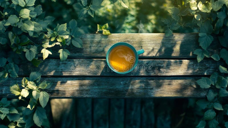Overhead View of a Cup of Tea on a Rustic Wooden Bench Surrounded by ...