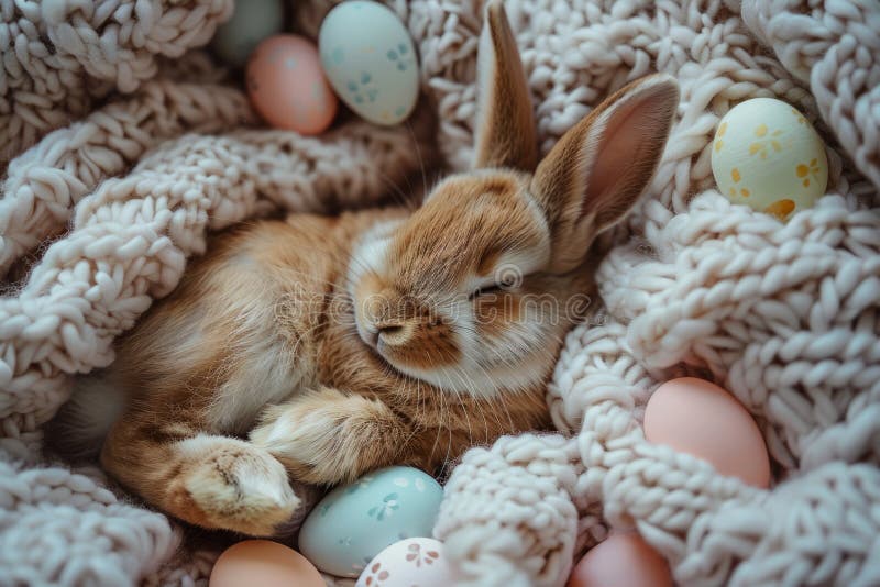 Overhead View of a Cute Easter Bunny Asleep with Easter Eggs Stock ...