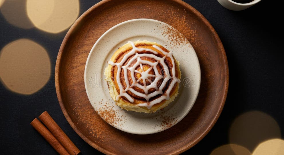 Overhead View of a Delicious Cinnamon Roll with a Spiderweb Icing ...