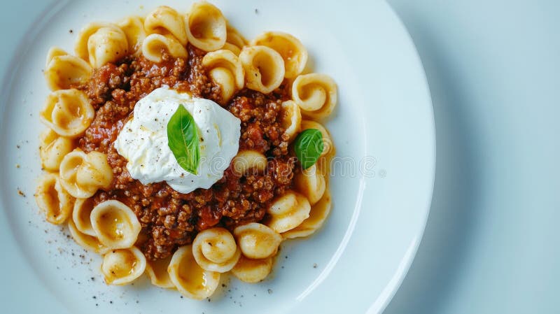 Overhead View of Delicious Pasta Dish with Meat Sauce and Burrata Stock ...
