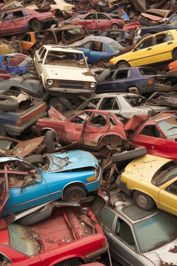 Overhead View of Dense Accumulation of Crushed Cars in a Scrapyard ...