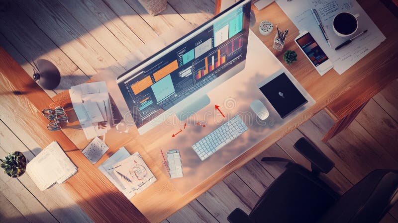 Overhead View of a Desk with Diagram on Screen Stock Illustration ...
