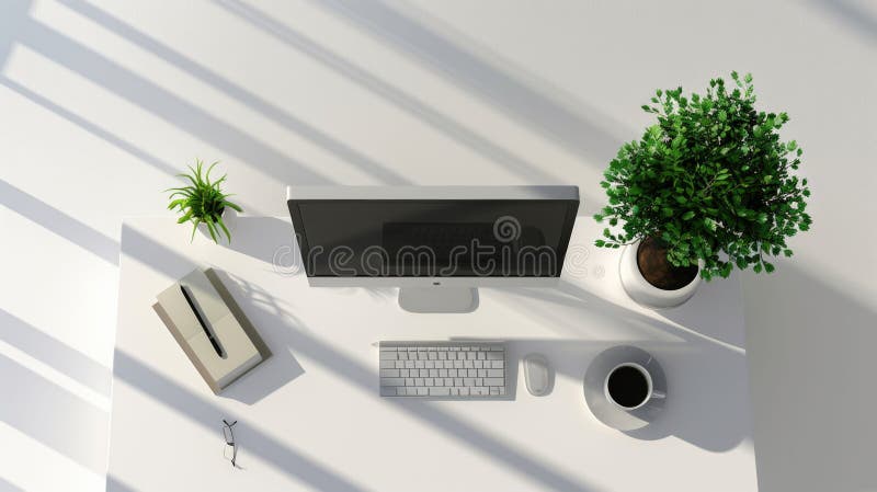 Overhead View of a Desktop Computer, Coffee Cup, and Plant on a White ...