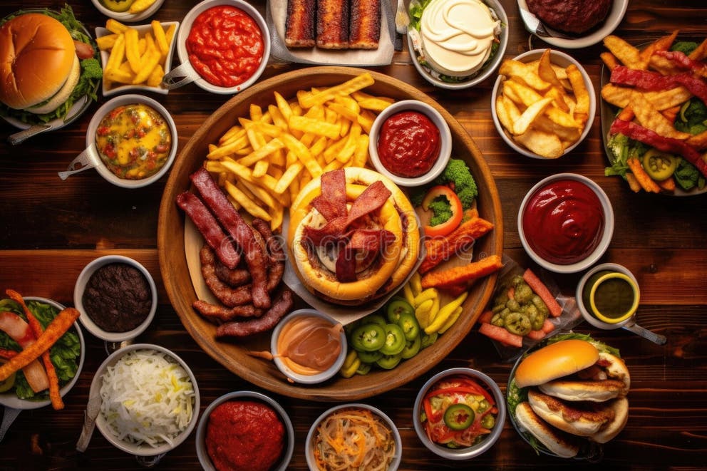 Overhead View of Different Burger Toppings on Table Stock Illustration ...