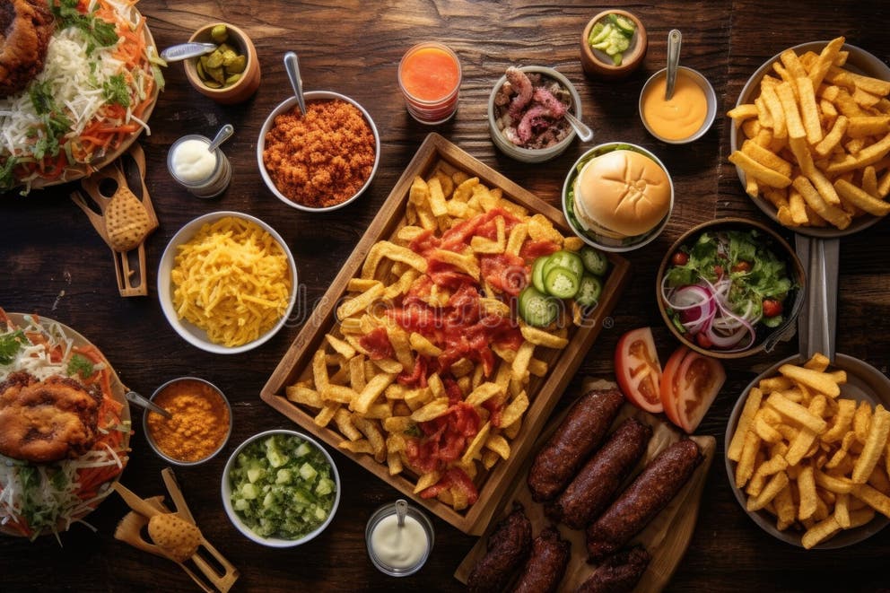 Overhead View of Different Burger Toppings on Table Stock Illustration ...