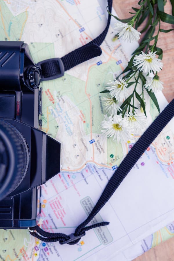 Overhead View of Digital Camera and Map and Flowers Stock Photo - Image ...