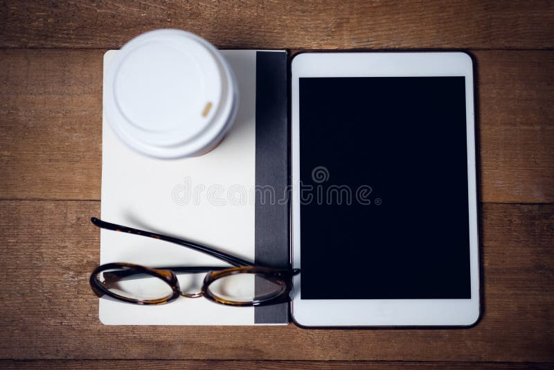 Overhead View of Digital Tablet with Diary and Eyeglasses Stock Photo ...