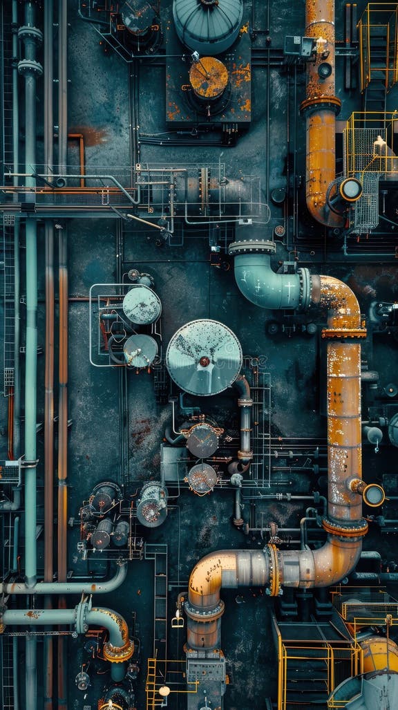 Overhead View of Intricate Pipe Network with Valves Regulating Fluid ...