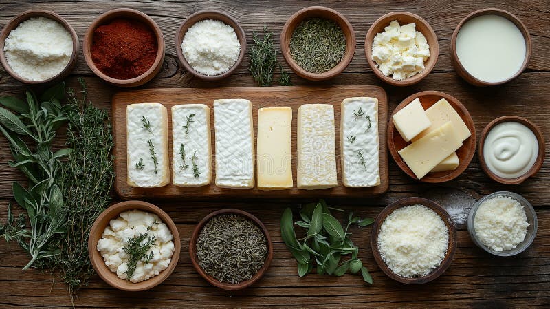 Overhead View of Diverse Cheese Varieties and Fresh Ingredients during ...
