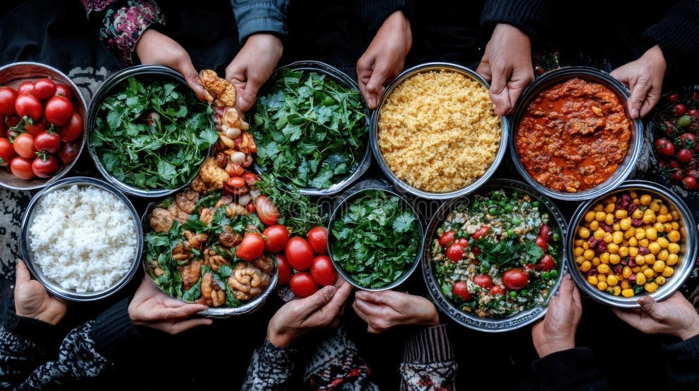 Overhead View of Diverse Food Dishes Shared by a Group of People Stock ... Overhead View of Diverse Food Dishes Shared by a Group of People Stock ...