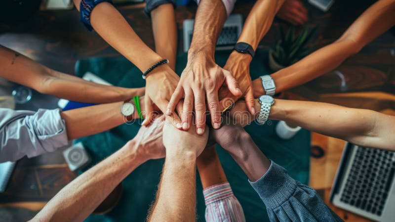 Overhead View of a Diverse Team Joining Hands in a Symbol of Unity and ...