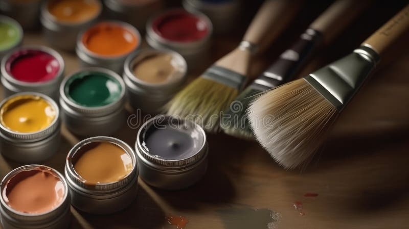 Overhead View of a DIY Paint Brush with Colorful Sample Paint Pots ...