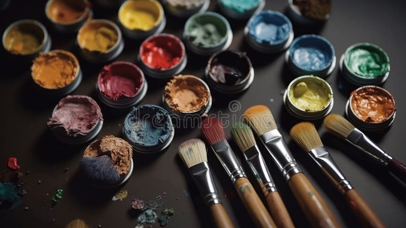 Overhead View of a DIY Paint Brush with Colorful Sample Paint Pots ...