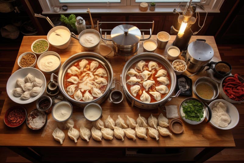 Overhead View of Dumpling Preparation Station Stock Image - Image of ...