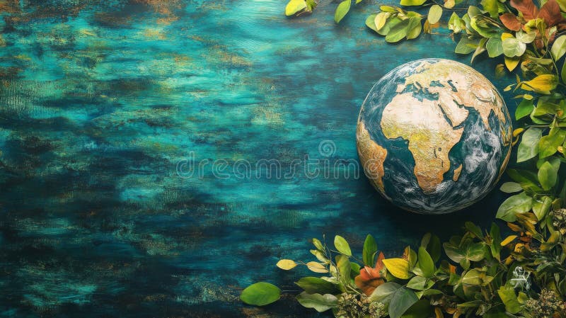 Overhead View of Earth Globe Surrounded by Autumn Leaves on a Teal ...