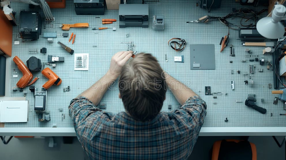 Overhead View of an Electronics Engineer Working Meticulously at a ...