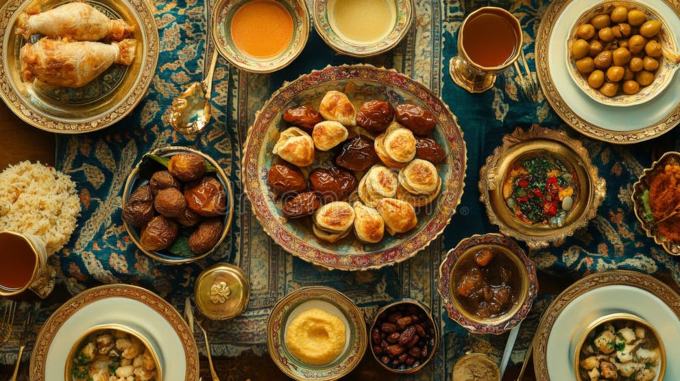 Overhead View of an Elegant Middle Eastern Feast Stock Illustration ...