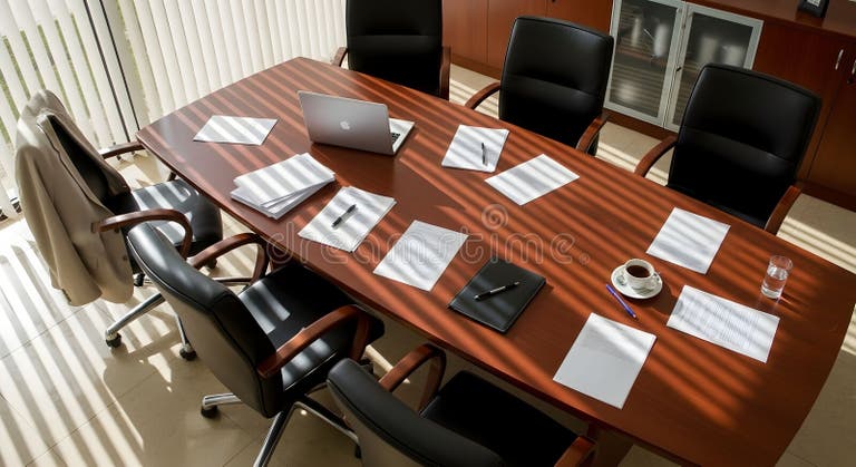 Overhead View of Executive Conference Table with Business Essentials ...