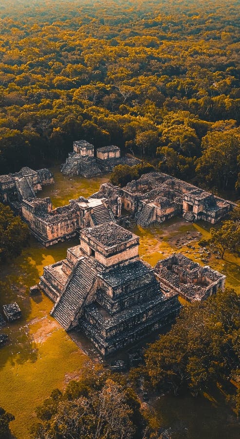 Overhead View of Famous Mayan Pyramids Encircled by Dense Forest Stock ...