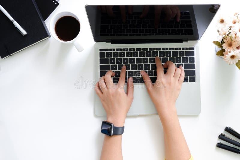 Overhead View Female Hands Working on Modern Laptop. Office Desktop on ...