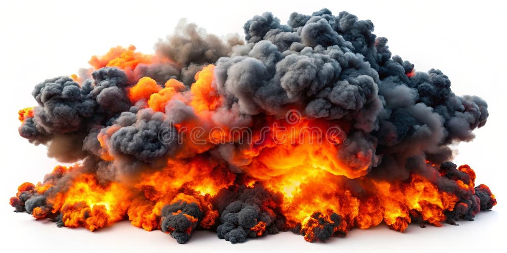 Overhead View Fiery Explosion, Gray and Orange Smoke Clouds, 3D Render ...