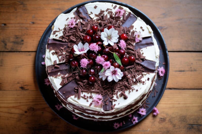 Overhead View of Finished Black Forest Gateau Stock Image - Image of ...