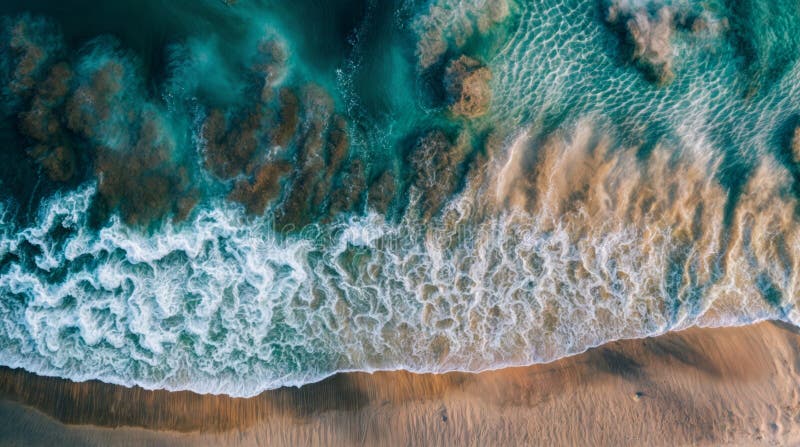 Overhead View Foamy Ocean Waves Rolling Sandy Beach Turquoise Blue ...