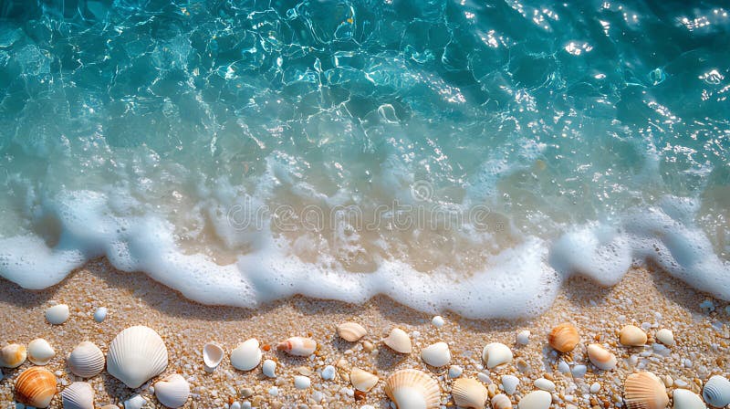 Overhead View of Foamy Waves Lapping on Sandy Beach with Seashells ...