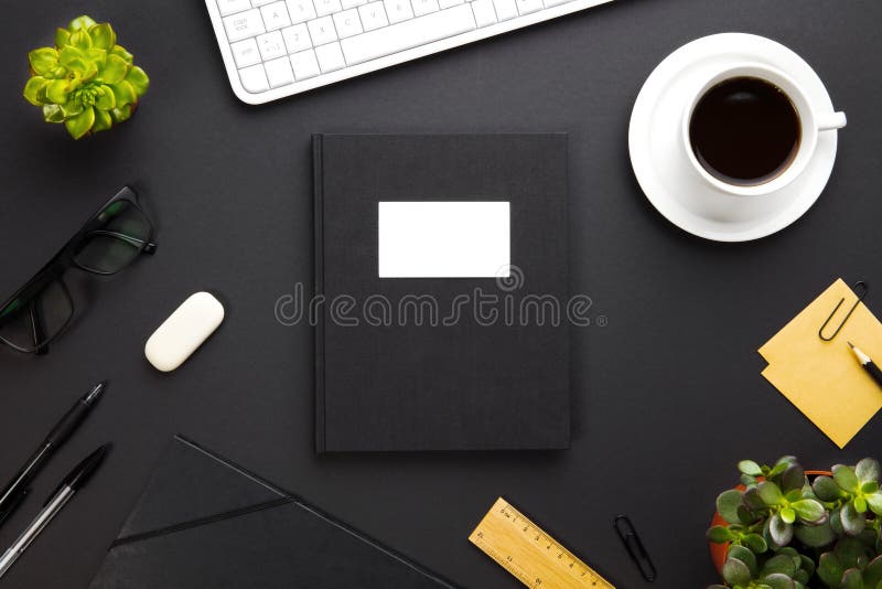 Folder with Label Surrounded by Office Supplies on Gray Desk Stock ...