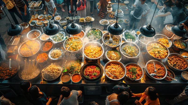 Overhead View of a Food Stall with Various Dishes Stock Illustration ...