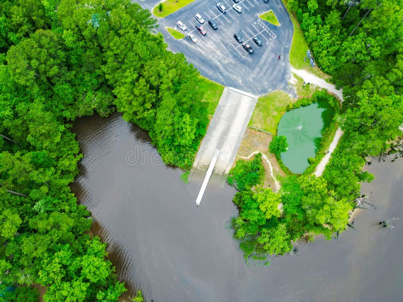 Overhead View Forest with Multiple Parking Areas and a Lake in the ...