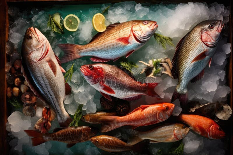 Overhead View of Fresh Fish on Ice Display Stock Illustration ...
