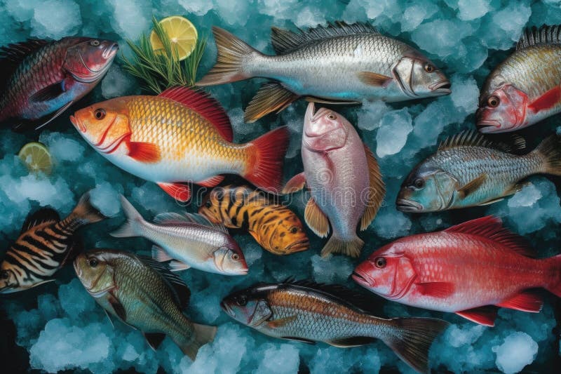Overhead View of Fresh Fish on Ice Display Stock Illustration ...