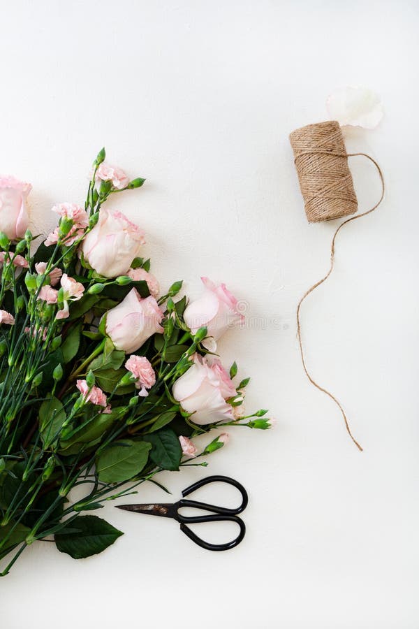 Overhead View of Fresh Flowers on White Surface, Flat Lay Stock Image ...