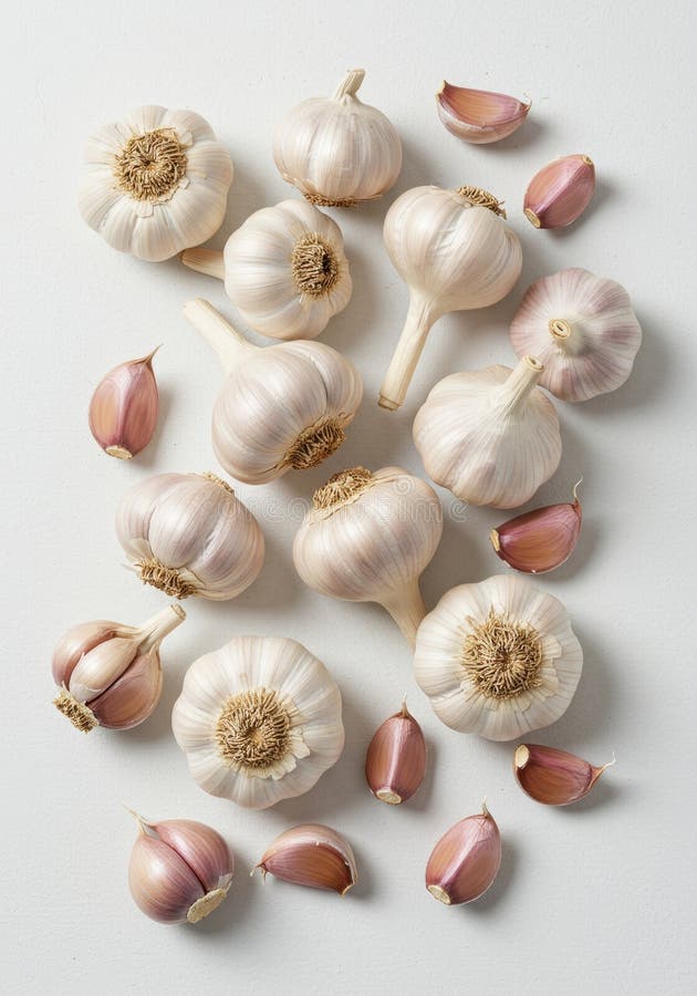 Overhead View of Fresh Garlic Bulbs and Cloves on White Background ...