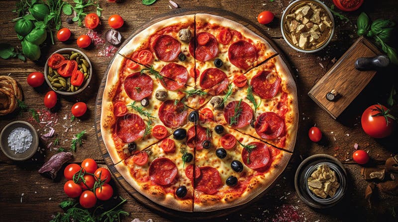 Overhead View of Fresh Pizza on Restaurant Table Generative AI Stock ...