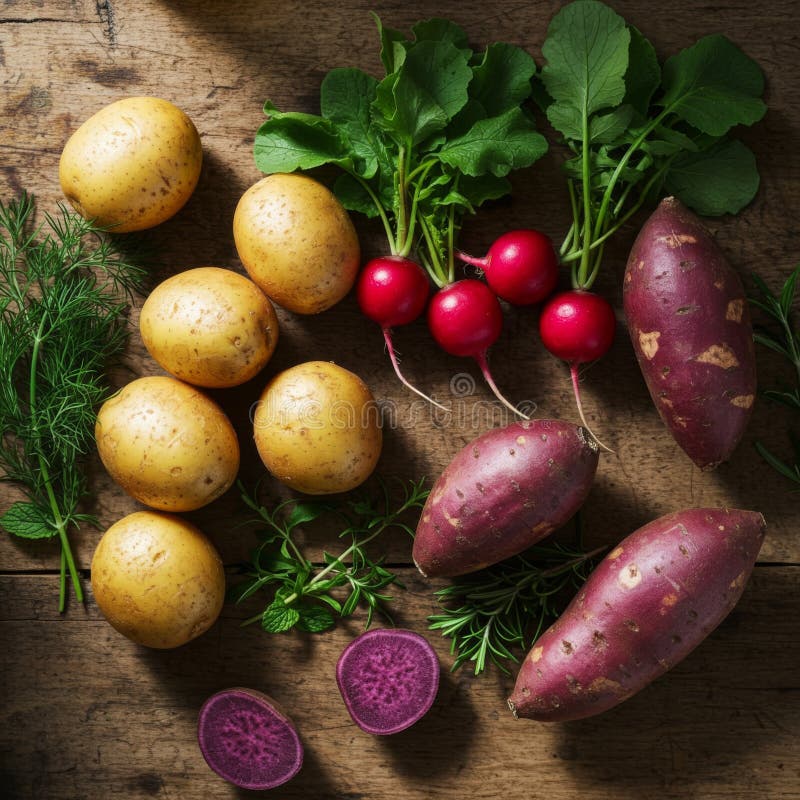 Overhead View of Fresh Potatoes, Sweet Potatoes and Radishes Stock ...