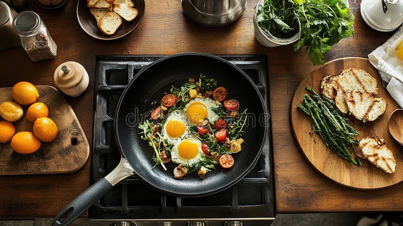 Overhead View of Fried Eggs with Vegetables in a Pan on a Kitchen ...