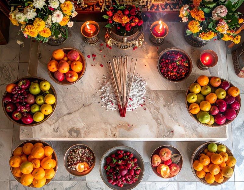 Overhead View of Fruit Offerings at a Religious Ceremony Stock ...