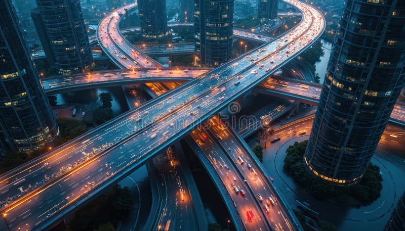 Overhead View of Futuristic City at Night, Advanced Traffic Management ...